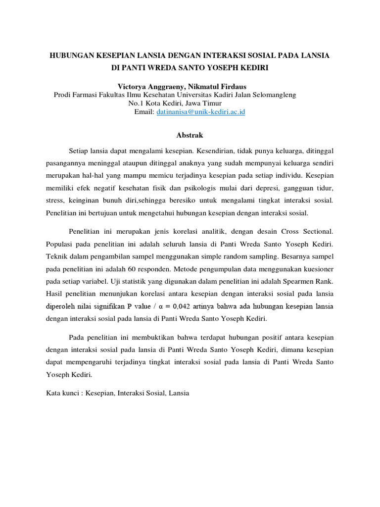 Hubungan Kesepian Lansia Dengan Interaksi Sosial Pada Lansia Di Panti Wreda Santo Yoseph Kediri ...