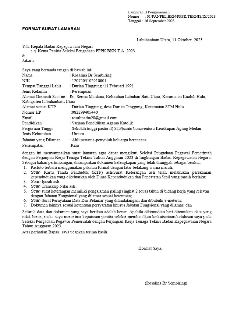 Surat Lamaran PPPK BKN 2023 oleh Rosalina | PDF