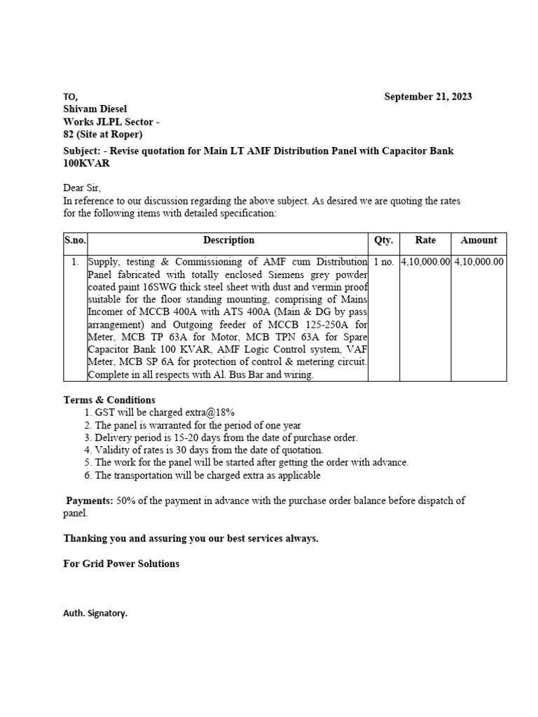 LT AMF Distribution Panel Quotation | PDF | Electrical Wiring | Switch