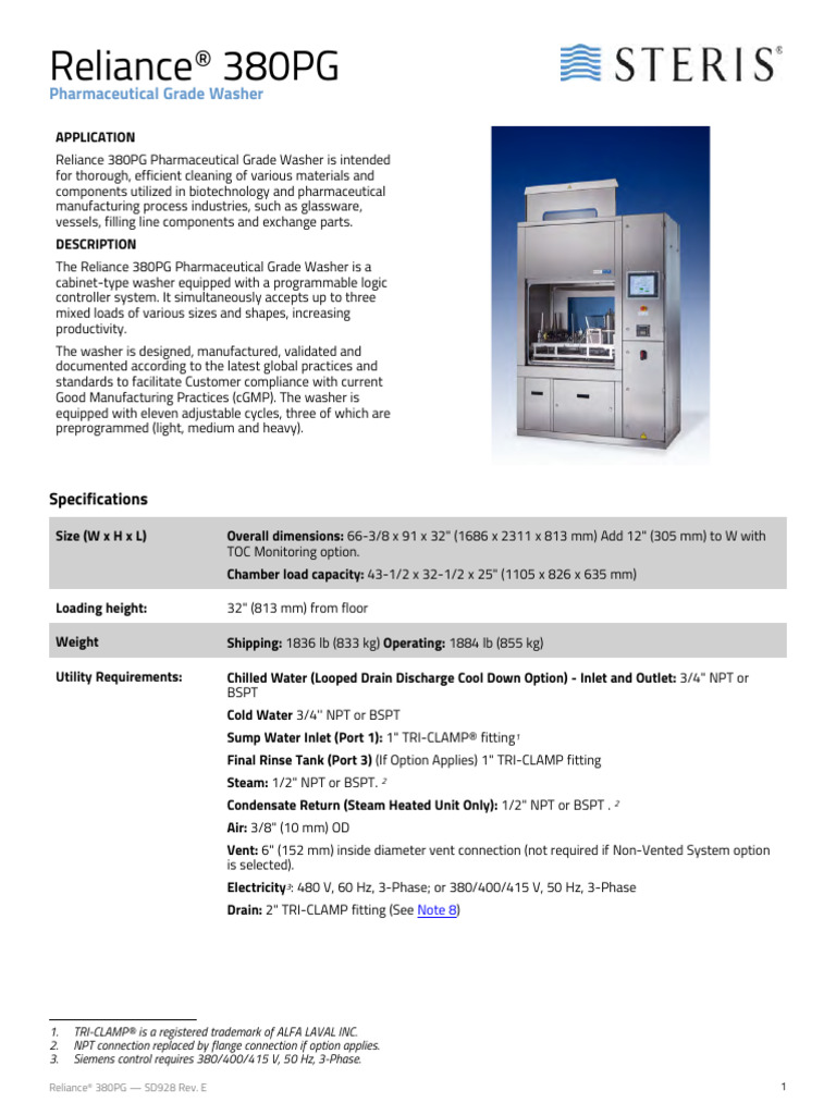 Reliance 380PG Pharmaceutical Grade Washer Technical Data | PDF