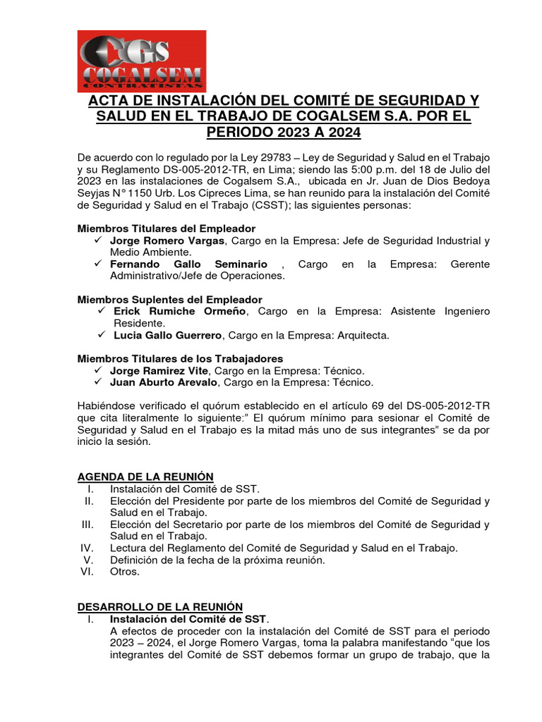 Acta de Instalación Del Comité SST - 2023 | PDF | Gobierno