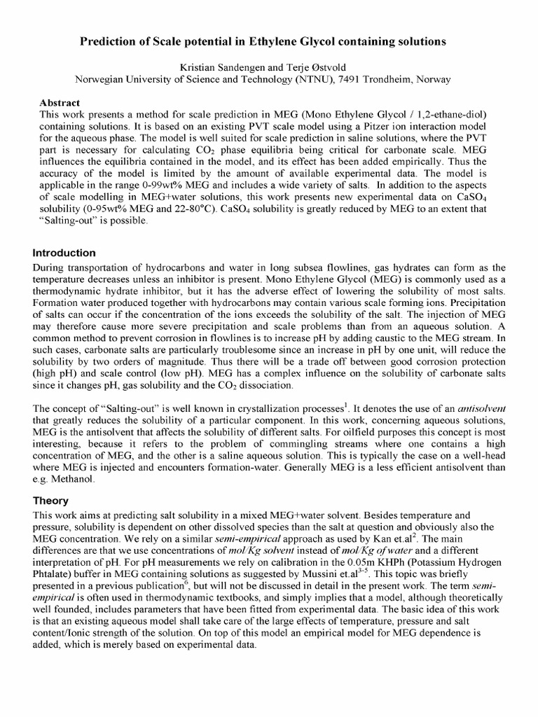 Prediction of Scale Potential in Ethylene Glycol Containing Solutions | PDF | Solubility | Ph
