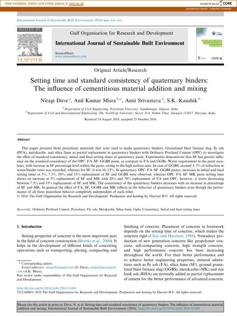 Setting Time and Standard Consistency of Quaternary Binders: The in ...