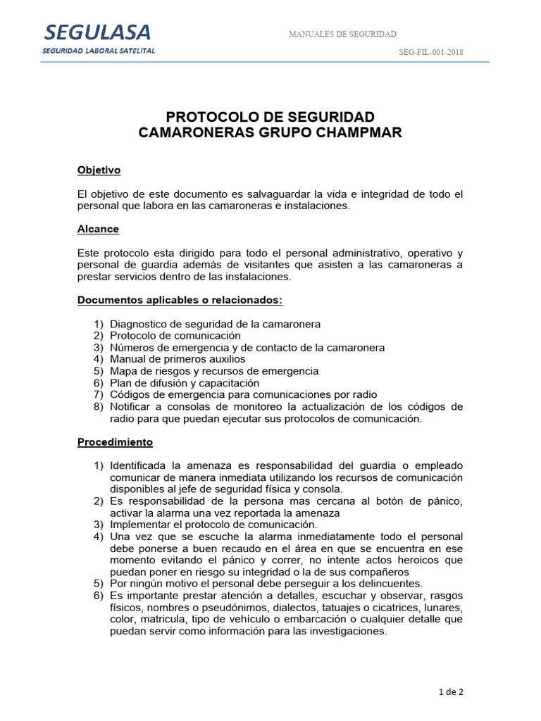 Protocolo de Seguridad Camaroneras | PDF