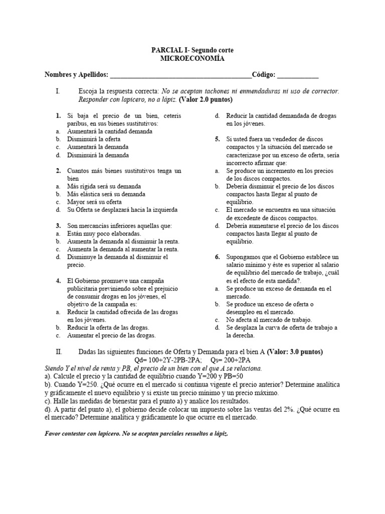 Parcial Micro Segundo Corte | PDF | Oferta (economía) | Mercado (economía)