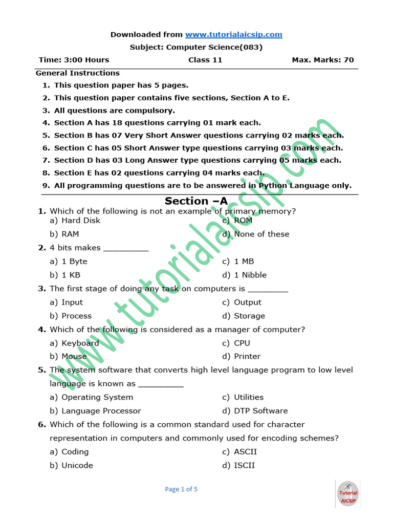 Sample Paper Class XI Half Yearly CS | PDF