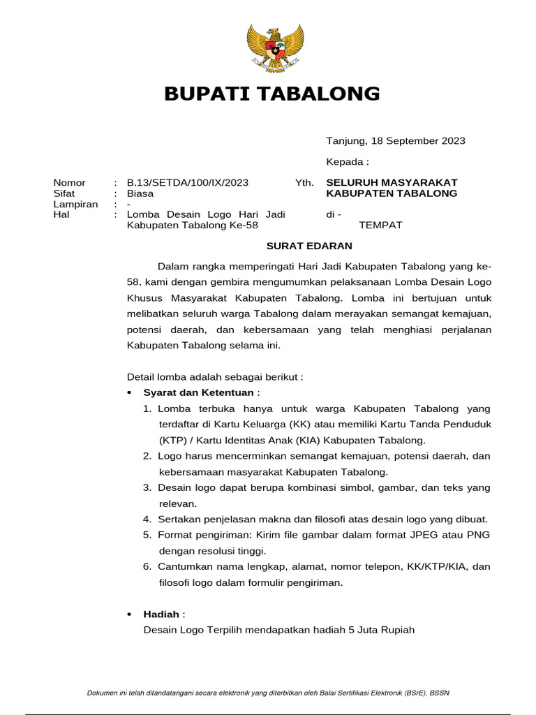 Surat Edaran - Lomba Logo Hari Jadi Kabupaten Tabalong Ke 58 - Rev | PDF