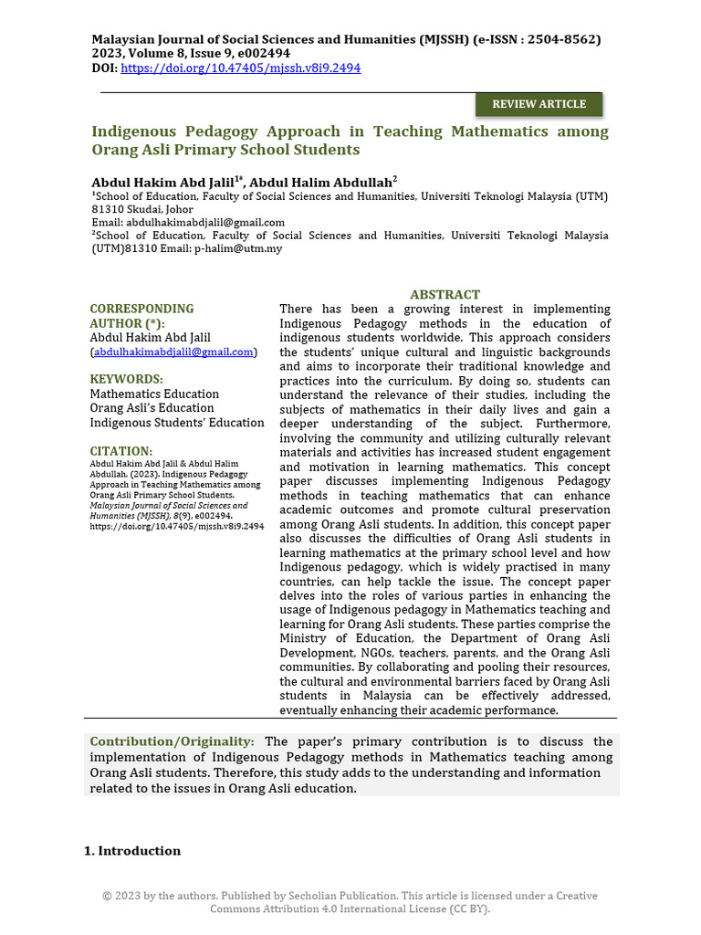 Indigenous Pedagogy Approach in Teaching Mathematics Among Orang Asli ... Indigenous Pedagogy Approach in Teaching Mathematics Among Orang Asli ...