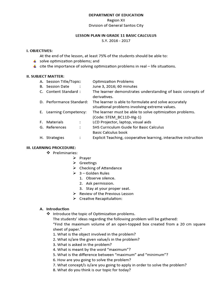 STEM - BC11D IIIg 1 | PDF | Mathematical Optimization | Variable ...