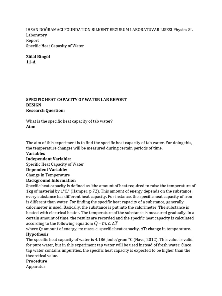 Specific Heat Capacity Lab Report2 | PDF | Heat | Temperature