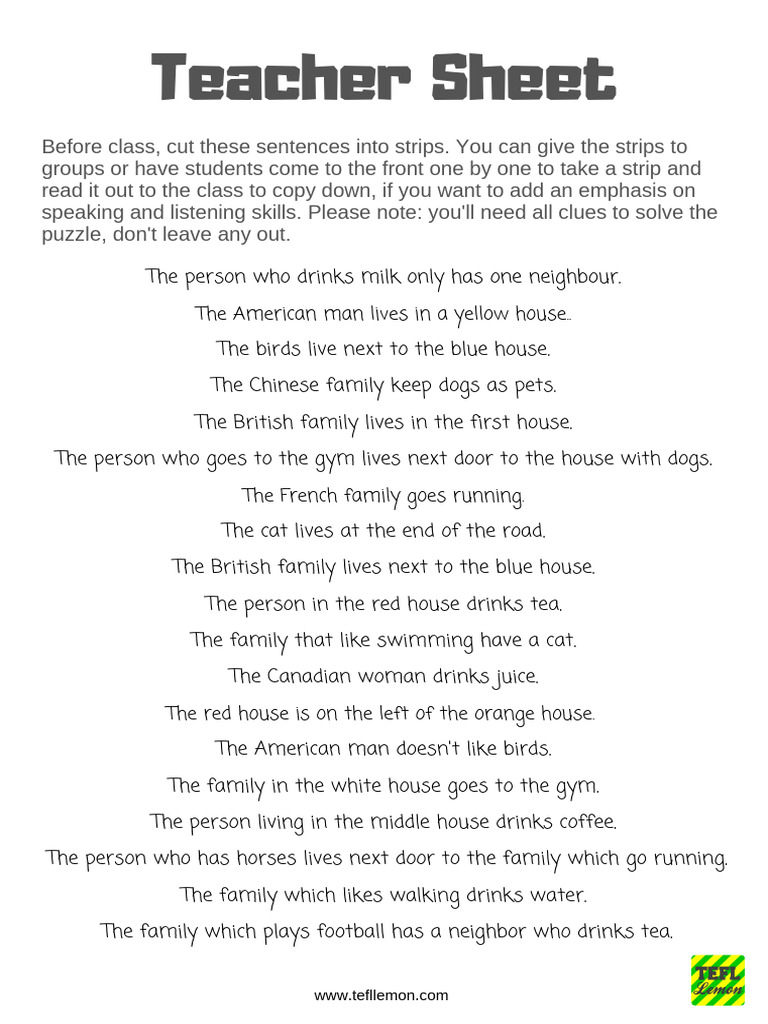 Einstein's Riddle by TEFL Lemon-2 | PDF