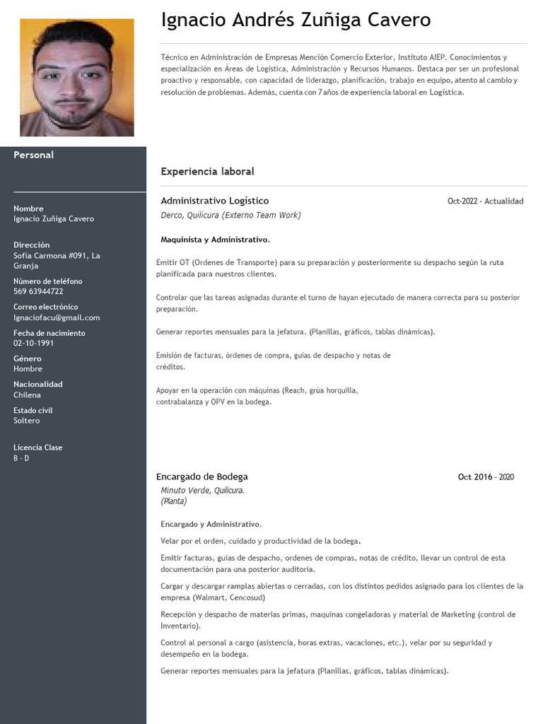 CV Ignacio Zuñiga Cavero | PDF | Logística | Microsoft