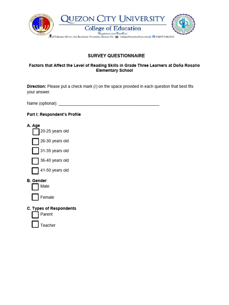 Questionnaire Factors That Affect The Level of Reading Skills in Grade ...