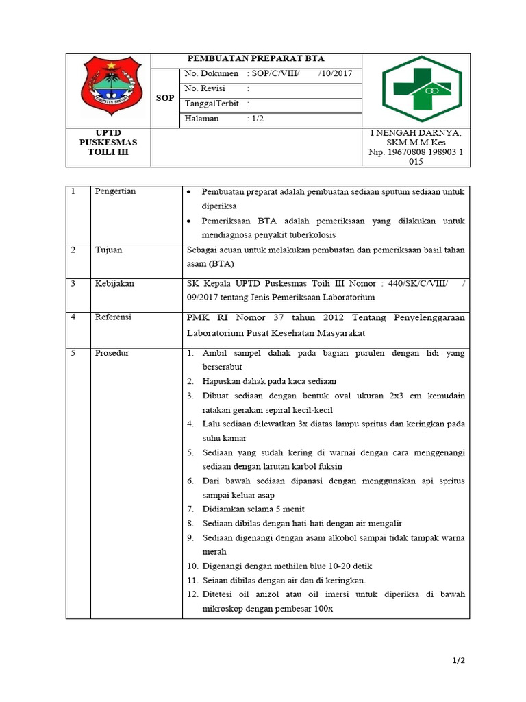 Prosedur Pembuatan Preparat Bta Pdf