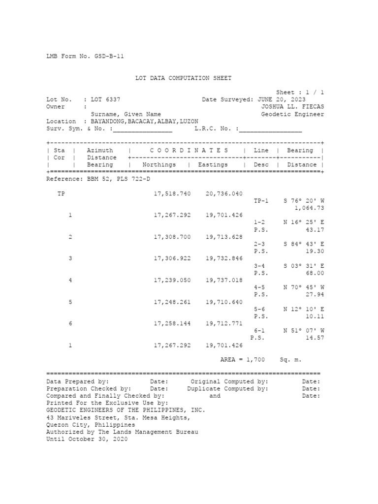 Lot Data Computation for Lot 6337 | PDF