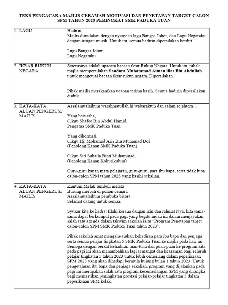 Teks MAJLIS PENETAPAN TARGET CALON SPM 2023 | PDF