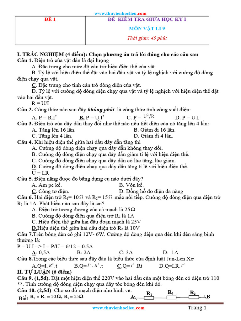 Bo de KT Ly 9 Giua HK1 Co Dap An | PDF
