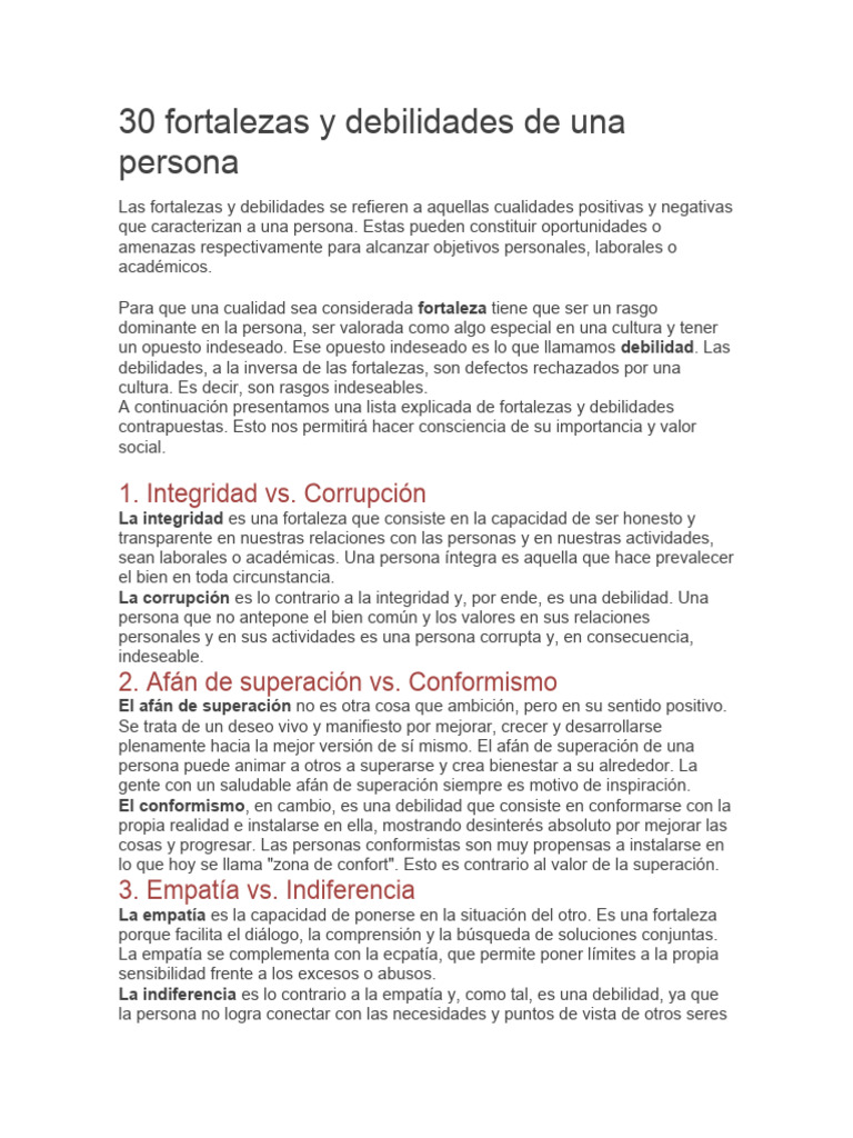 30 fortalezas y debilidades de una persona | PDF | Tolerancia | Resiliencia psicológica