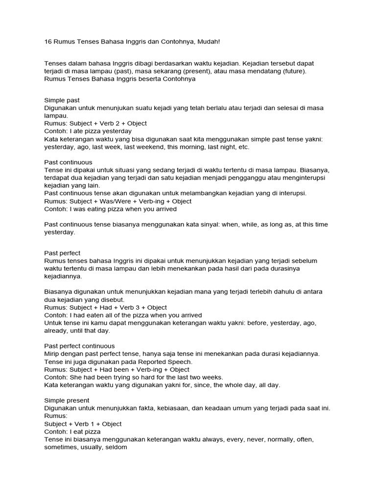 16 Rumus Tenses Bahasa Inggris Dan Contohnya | PDF