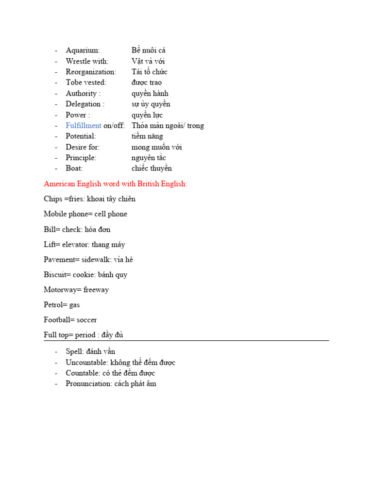 Fulfillment: American English Word With British English | PDF