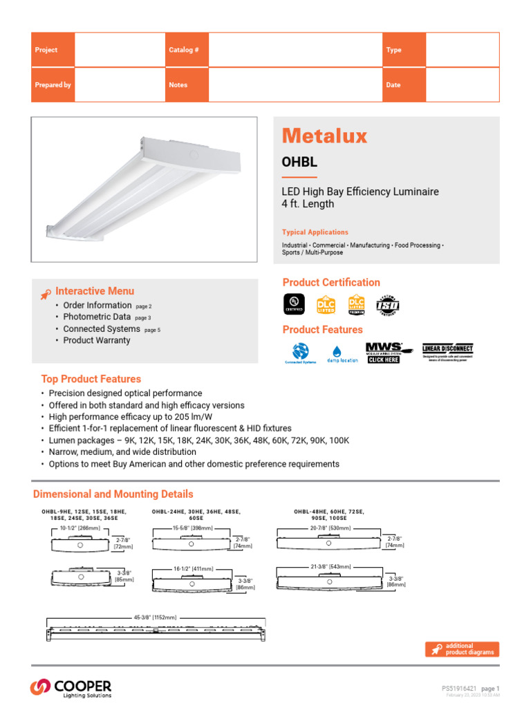 Metalux OHBL LED 4ft High Bay Spec Sheet | PDF | Light Emitting Diode ...