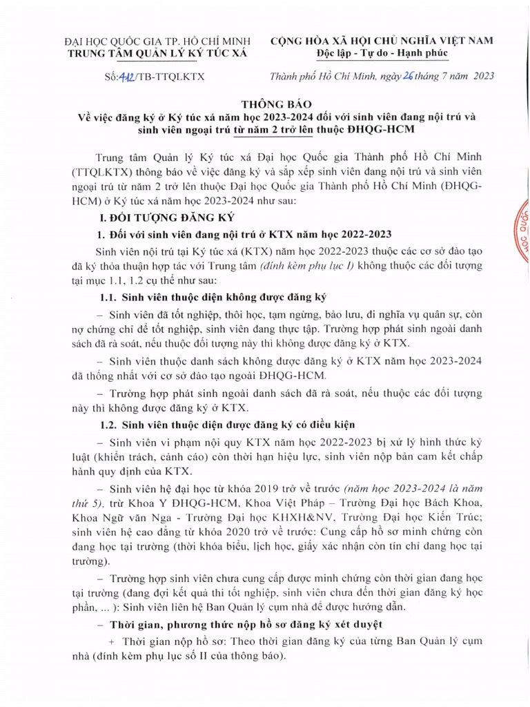 412-TB Dang Ky o KTX Doi Voi SV Dang Noi Tru Va SV Ngoai Tru Tu Nam 2 Tro Len Thuoc DHQG 23-24 | PDF