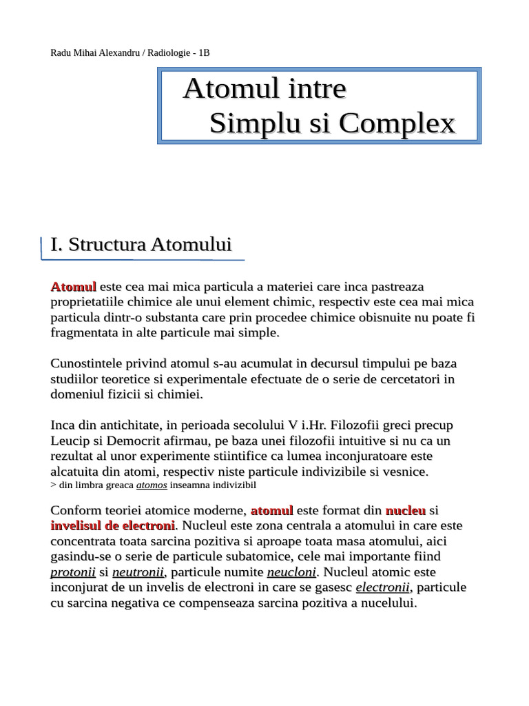 Atomul Intre Simplu Si Complex - Radu Mihai - 1B Taxa | PDF