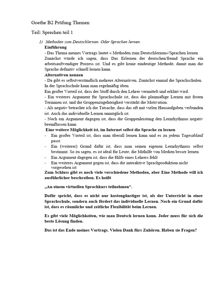 Goethe B2 Prüfung Themen - Teil 1 Sprechen | PDF