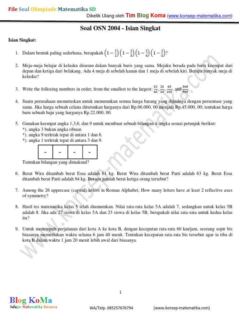 2004 Soal OSN - 1-Isian Singkat Matik SD | PDF