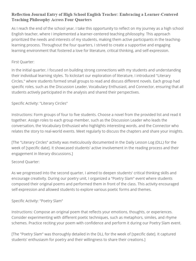 Reflection Journal Entry of High School English Teacher | Download Free ...