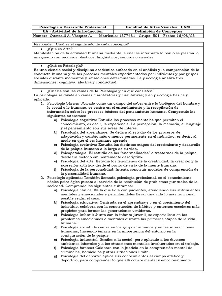 Act 1 PSI - Definición de Conceptos | PDF | Sicología | Mente