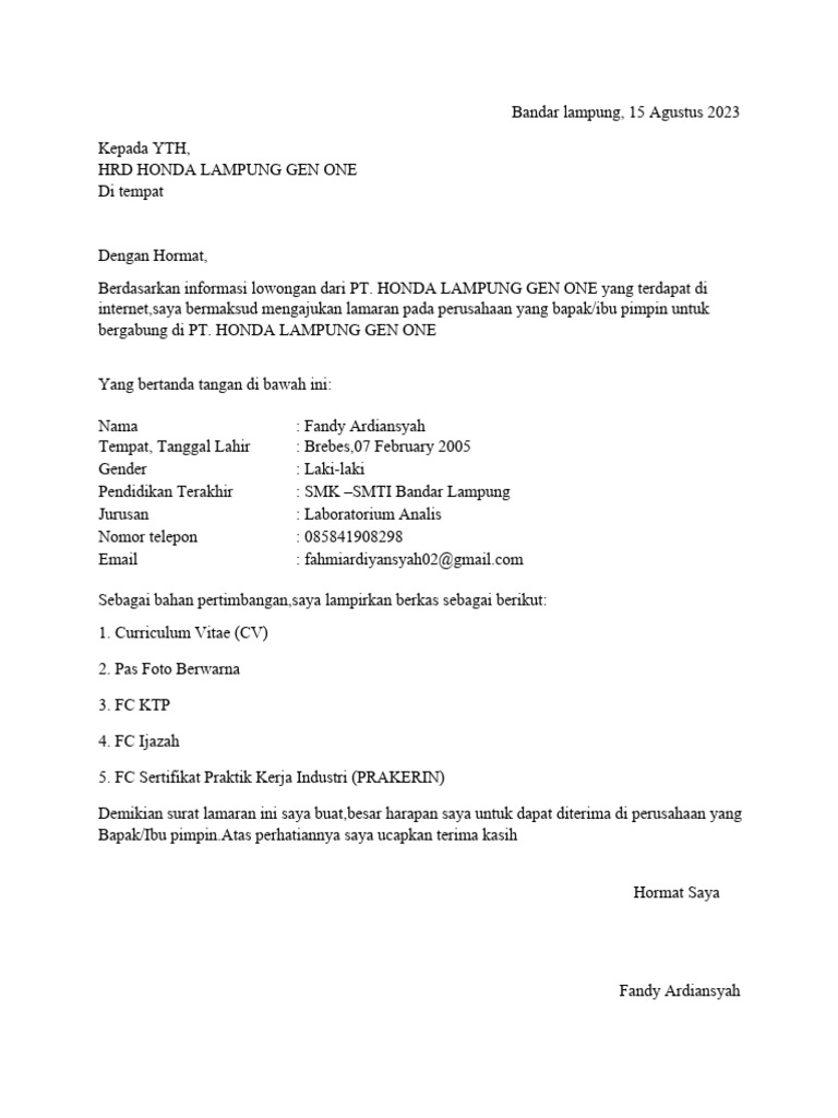 Surat Lamaran PT. HONDA LAMPUNG GEN ONE | PDF