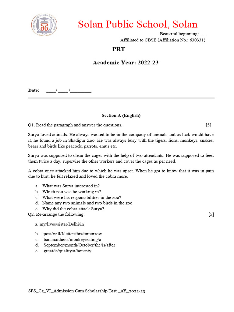 Admission Test...... PRT | PDF