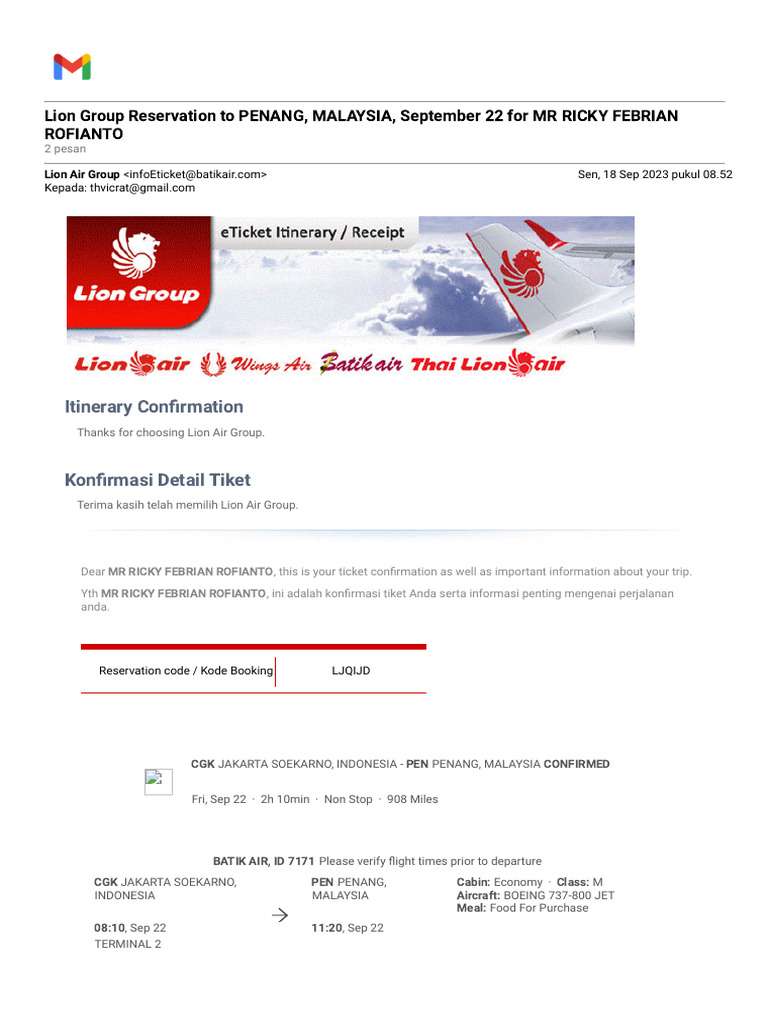 Gmail - Lion Group Reservation To PENANG, MALAYSIA, September 22 For MR ...