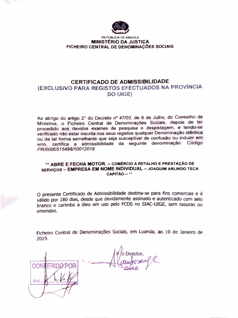 Certificado de Admissibilidade - 021819 | PDF