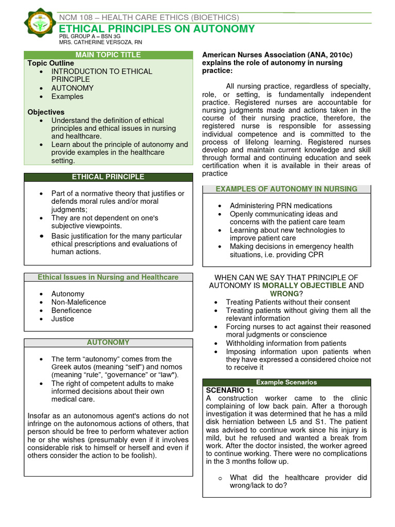 Prelim Outline - Bioethics BSN | PDF | Nursing | Autonomy