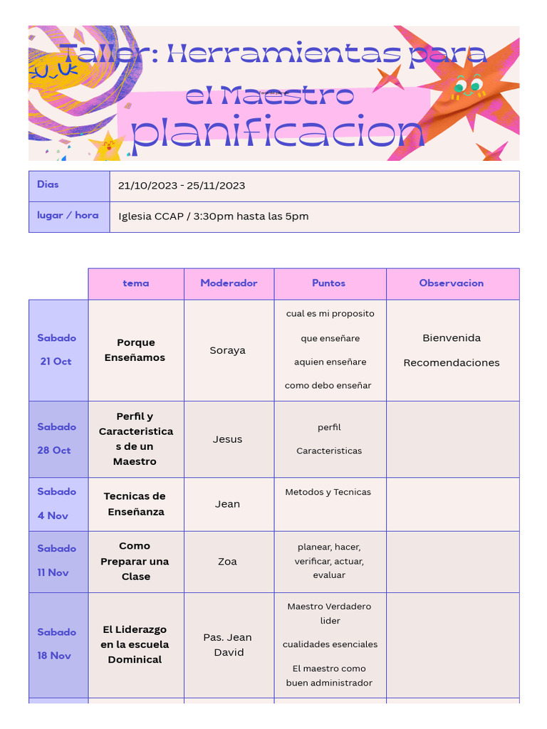 Plan Taller Escuela Dominical | PDF
