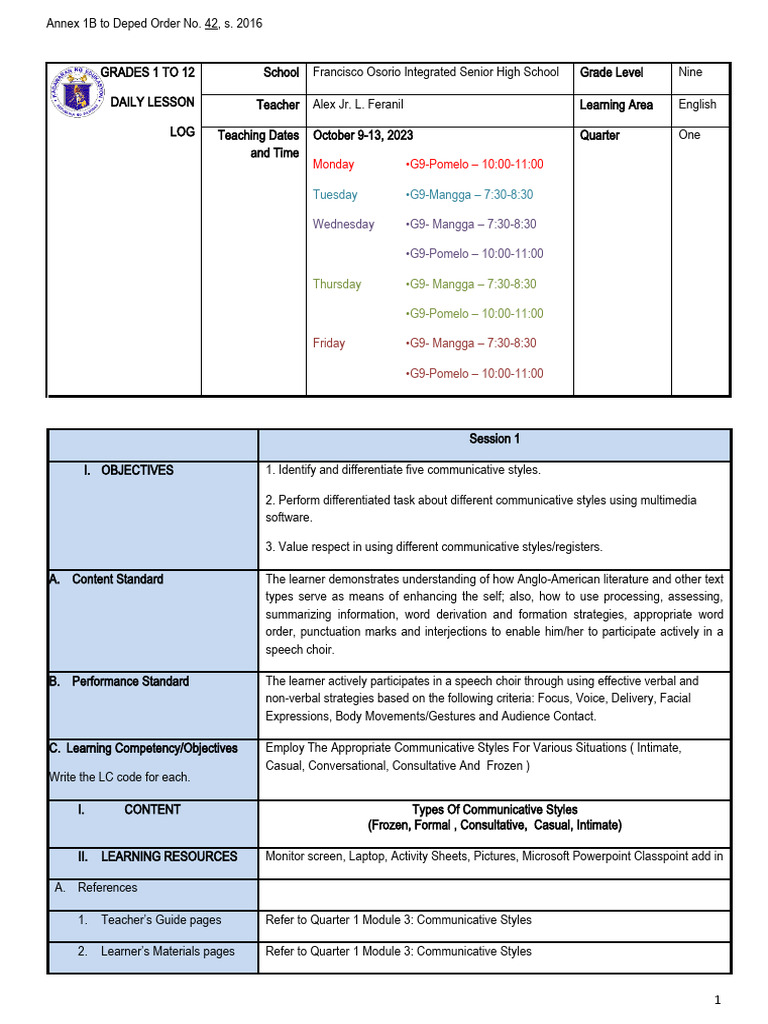 Daily Lesson Log: Grade 9 English | PDF | Learning | Communication