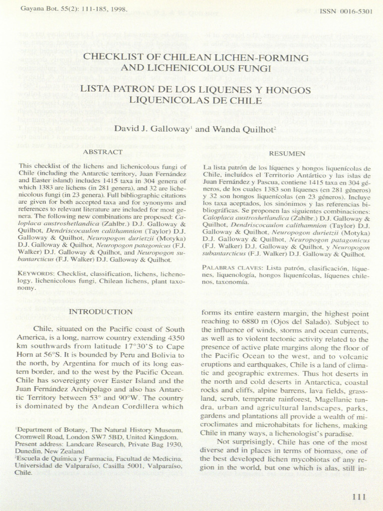 Checklist de Los Liquenes de Chile | PDF | Genus | Taxa