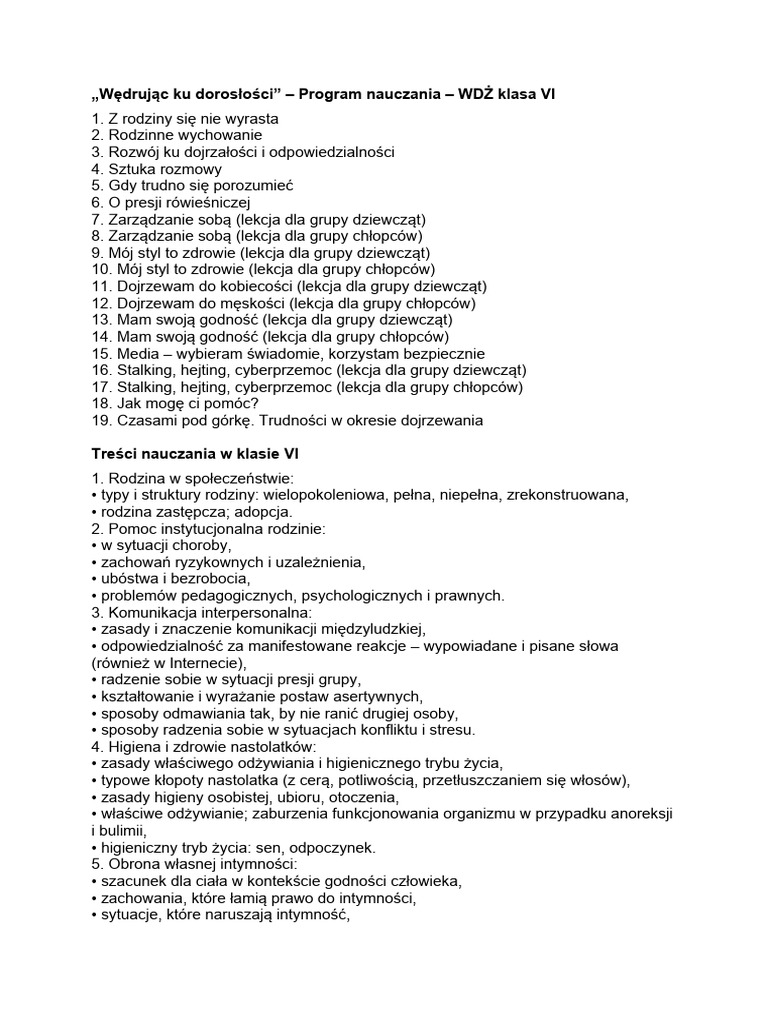Program Nauczania WDZ - Klasa VI | PDF