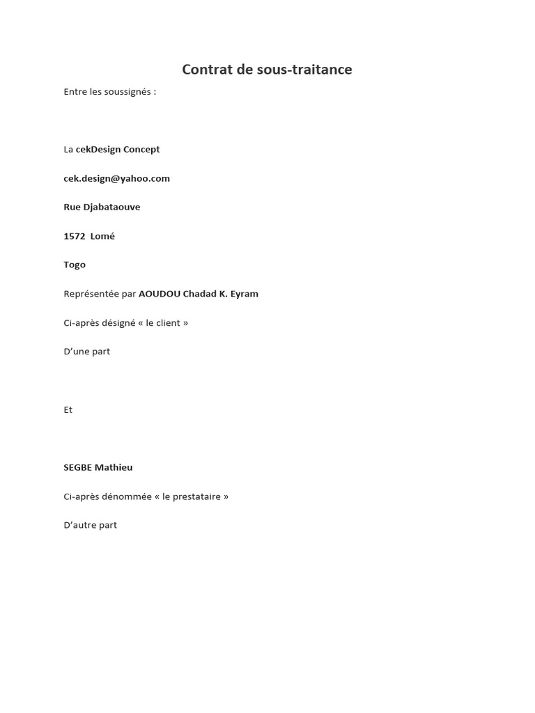 Modele de Contrat Sous Traitance | PDF
