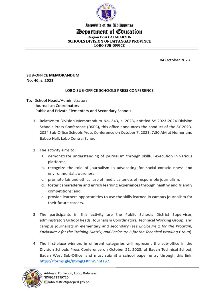 Sub Office Memorandum No.46 s.2023 Lobo Sub Office Schools Press Conference | PDF | Cognition
