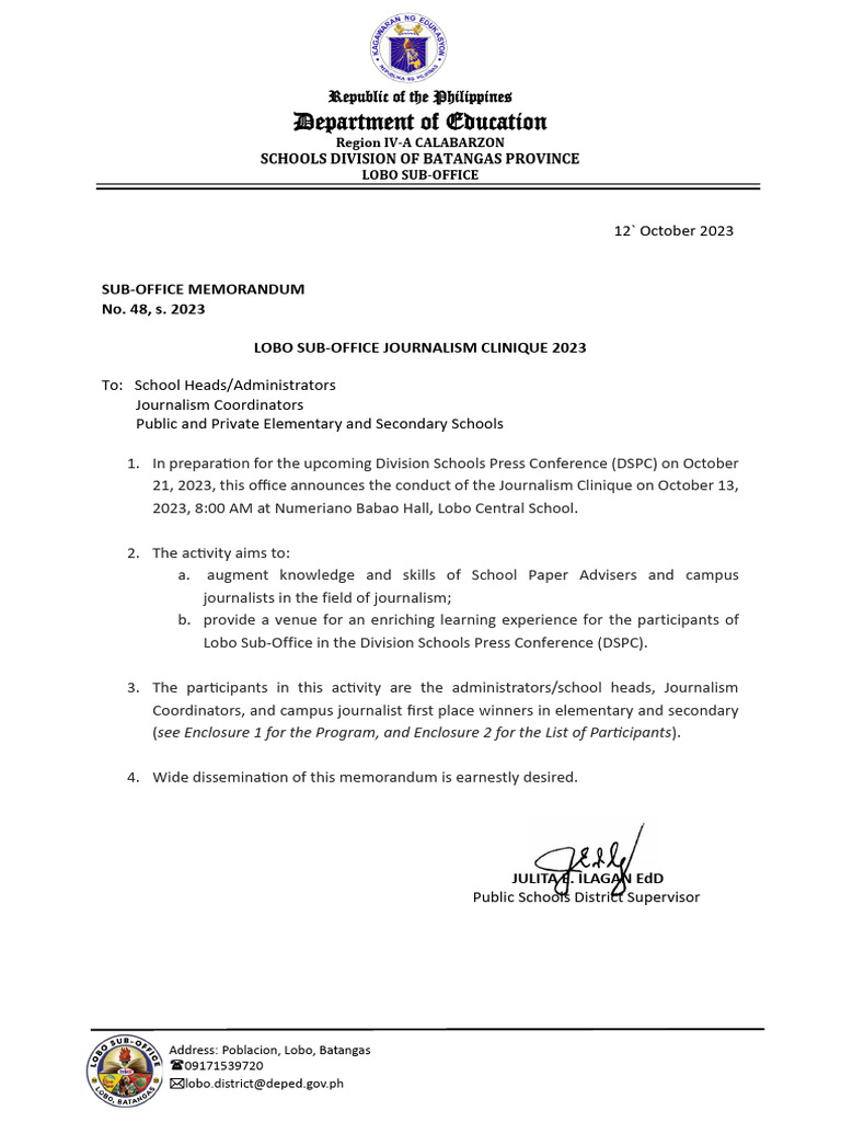 Sub Office Memorandum No.48 s.2023 Lobo Sub Office Journalism Clinique ...