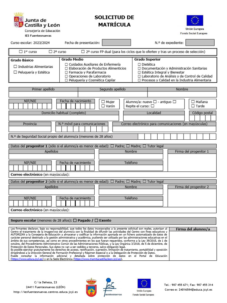2023 Formulario Solicitud de Matricula FP | PDF