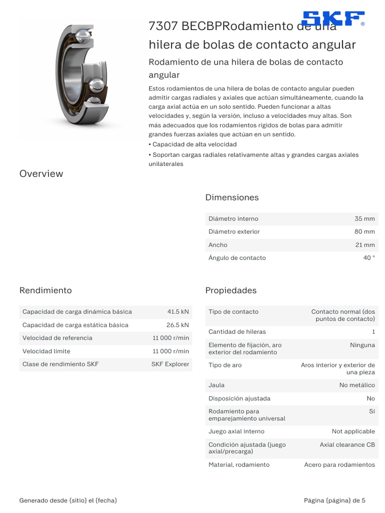 SKF 7307 BECBPRodamiento de Una Hilera de Bolas de Contacto Angular ...