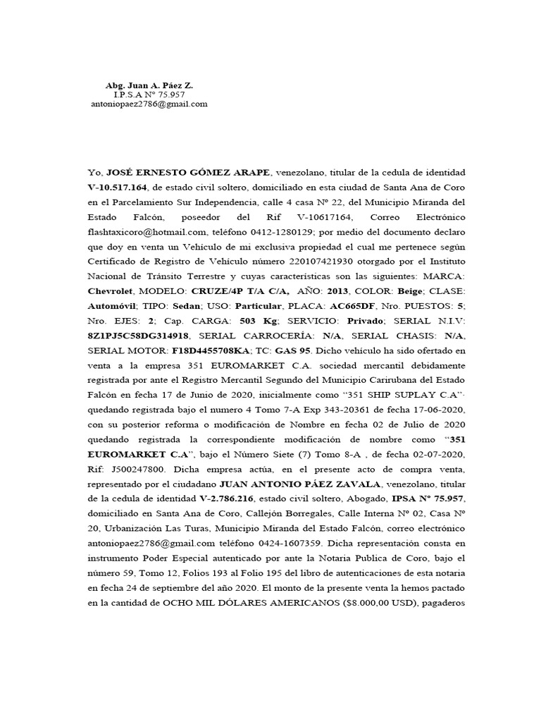 Compra Venta Vehiculo1 | Descargar gratis PDF | Venezuela | Coche