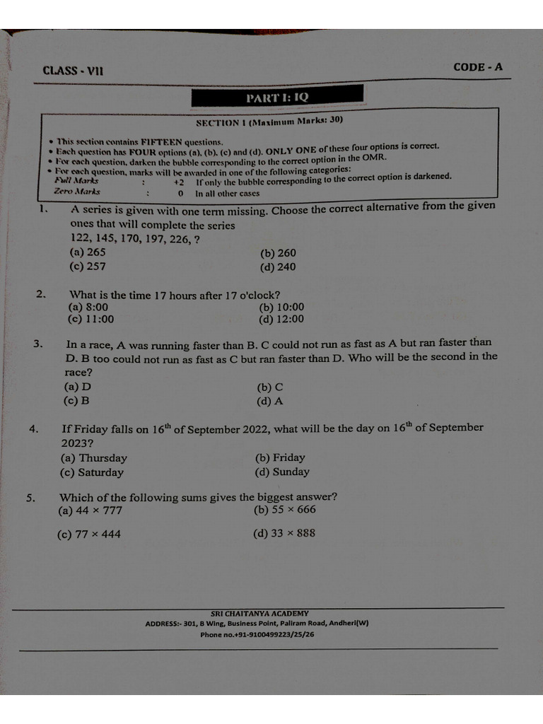 SCORE Set A Class 7 | PDF