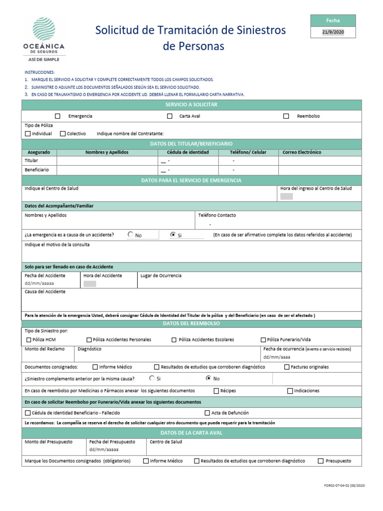 FOR02-07-04-02 - 08-2020 - Solicitud de Tramitacion Siniestro Personas | PDF | Póliza de seguros ...