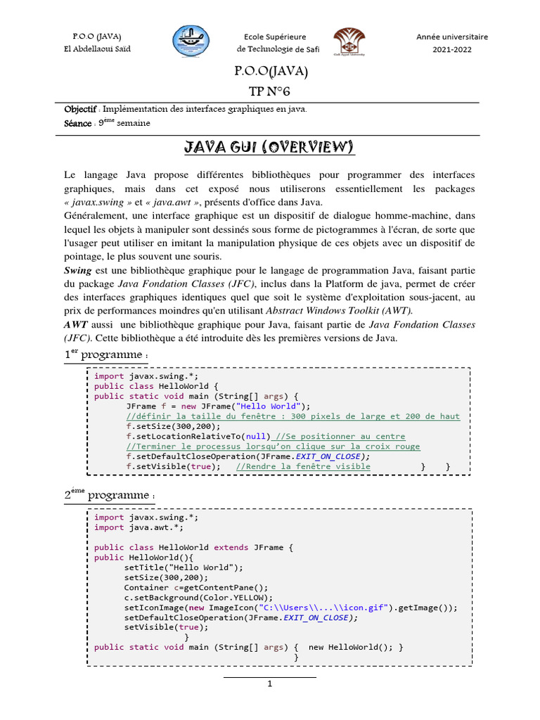 TD 6 Interfaces Graphiques | PDF | Java (Langage de programmation) | Interface graphique