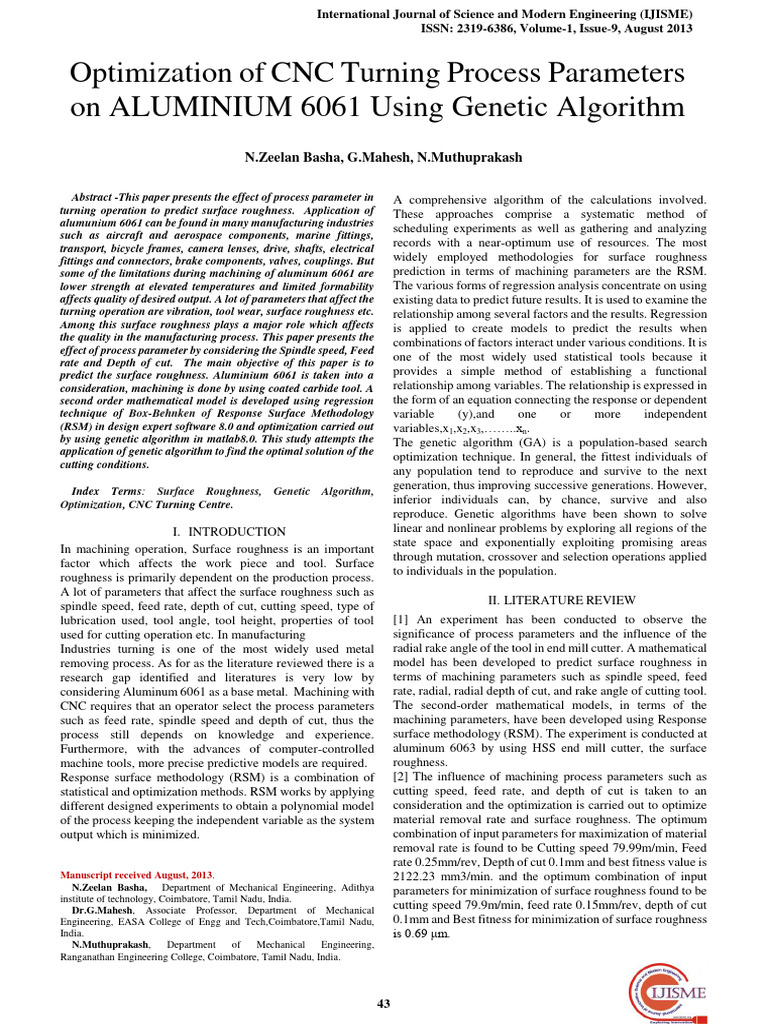 Optimization of CNC Turning Process Parameters On ALUMINIUM 6061 Using Genetic Algorithm | PDF ...